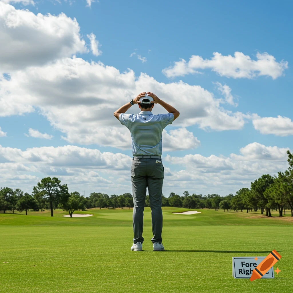 A golfer swings on a golf course during a vibrant sunset. on Craiyon
