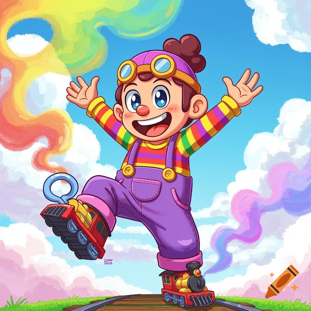 A cheerful cartoon character in a jester hat and colorful outfit stands ...