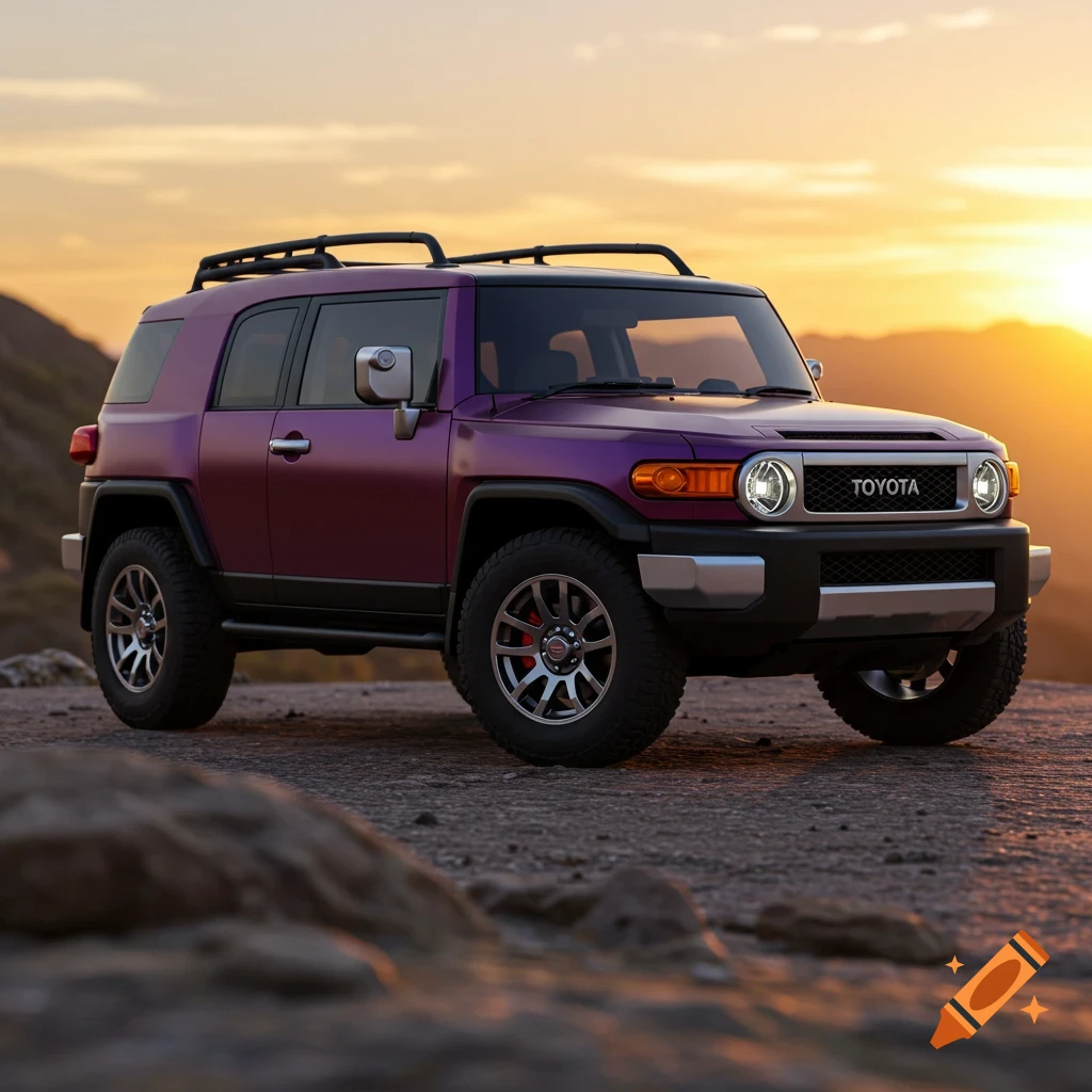 A blue Toyota FJ Cruiser parked on a mountain road overlooking fog ...
