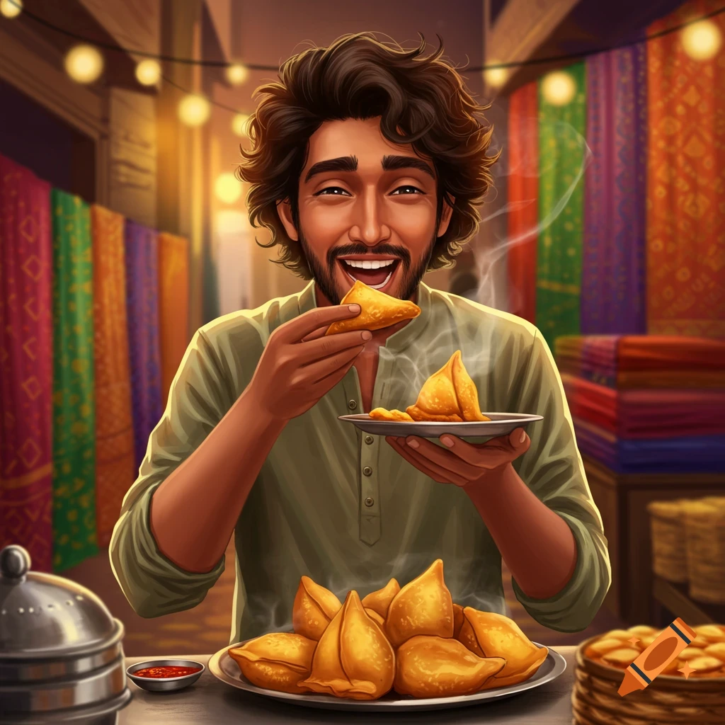 Man walks through a bustling Indian street market with food stalls. on Craiyon