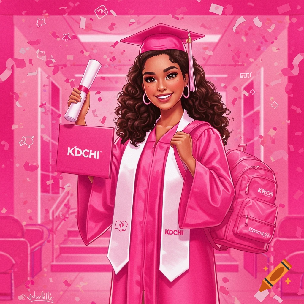 Latina college graduate in a pink Barbie box with Kappa Delta Chi ...