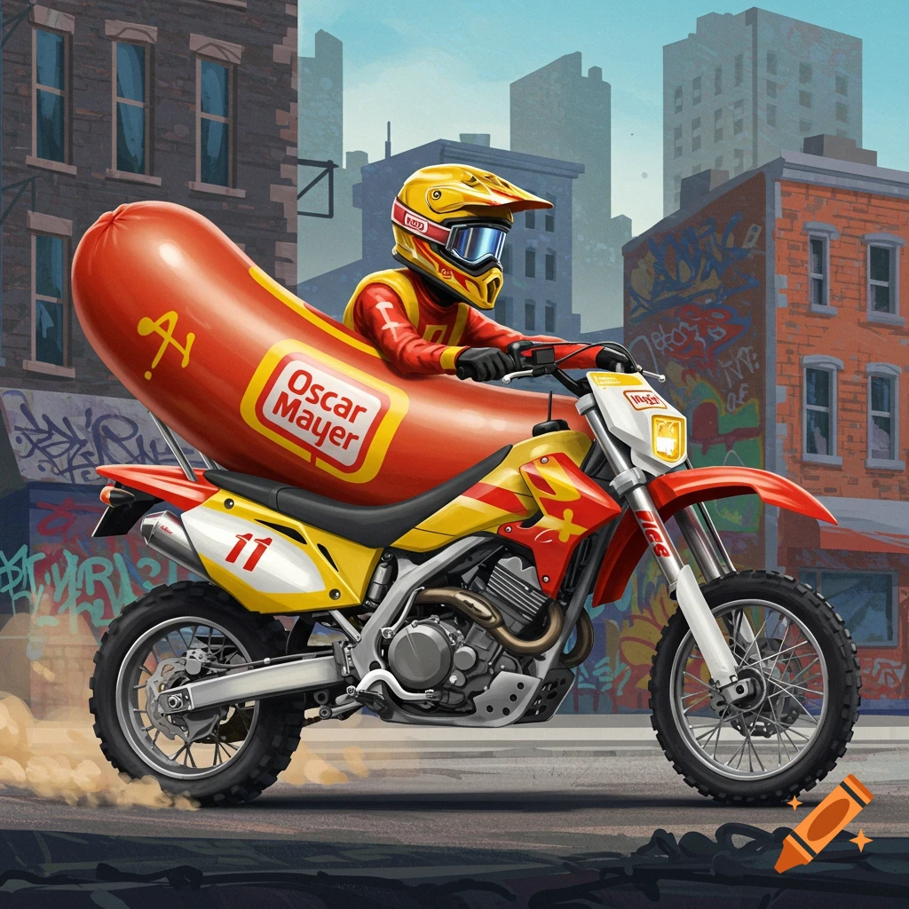 Oscar Meyer Wienermobile dirtbike, urban street art on Craiyon