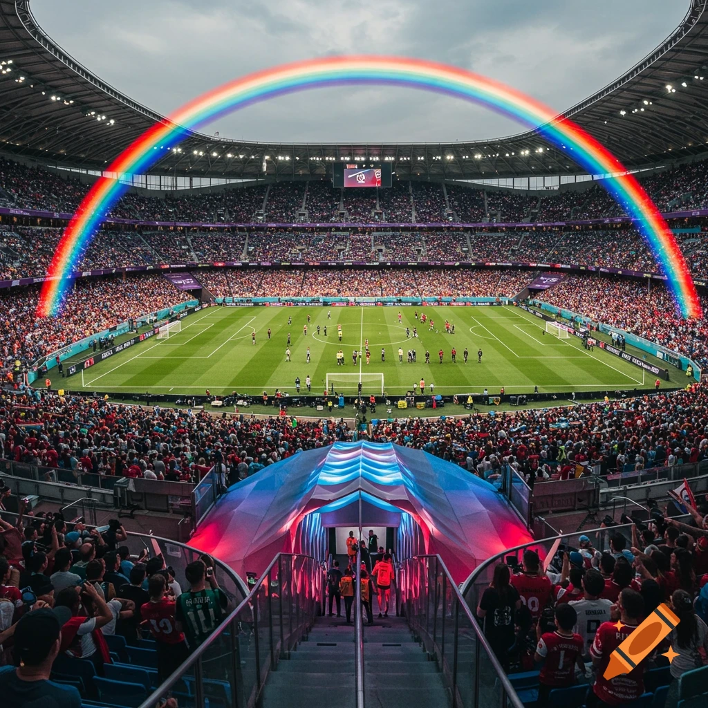 Vibrant soccer stadium with rainbow arch and colorful tunnel on Craiyon