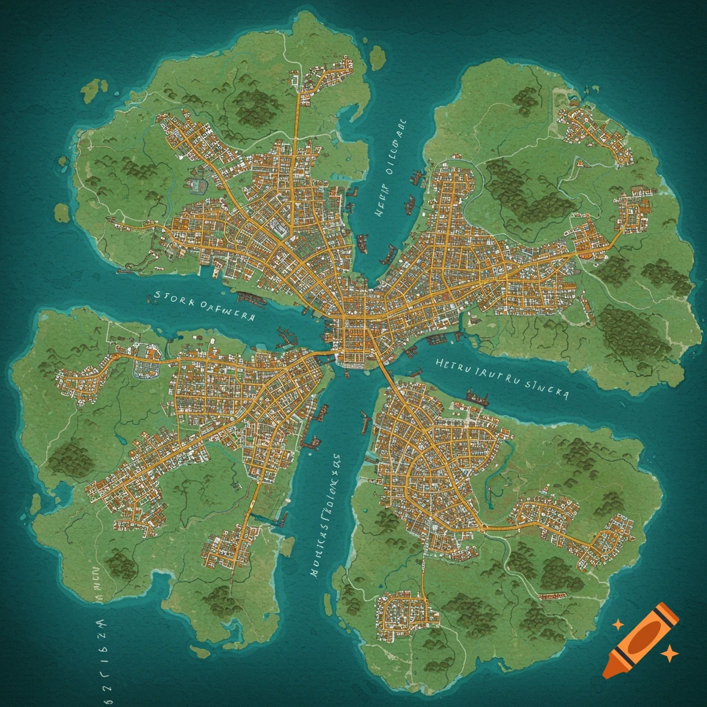 Map of an island city with cardinal direction ports, roads, slums, and ...
