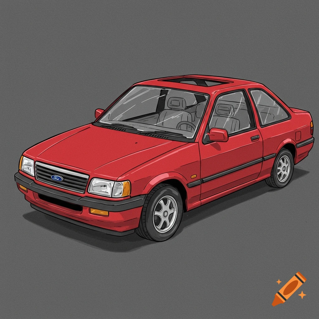 Red, poorly manufactured, roofless Ford car with two windows on Craiyon