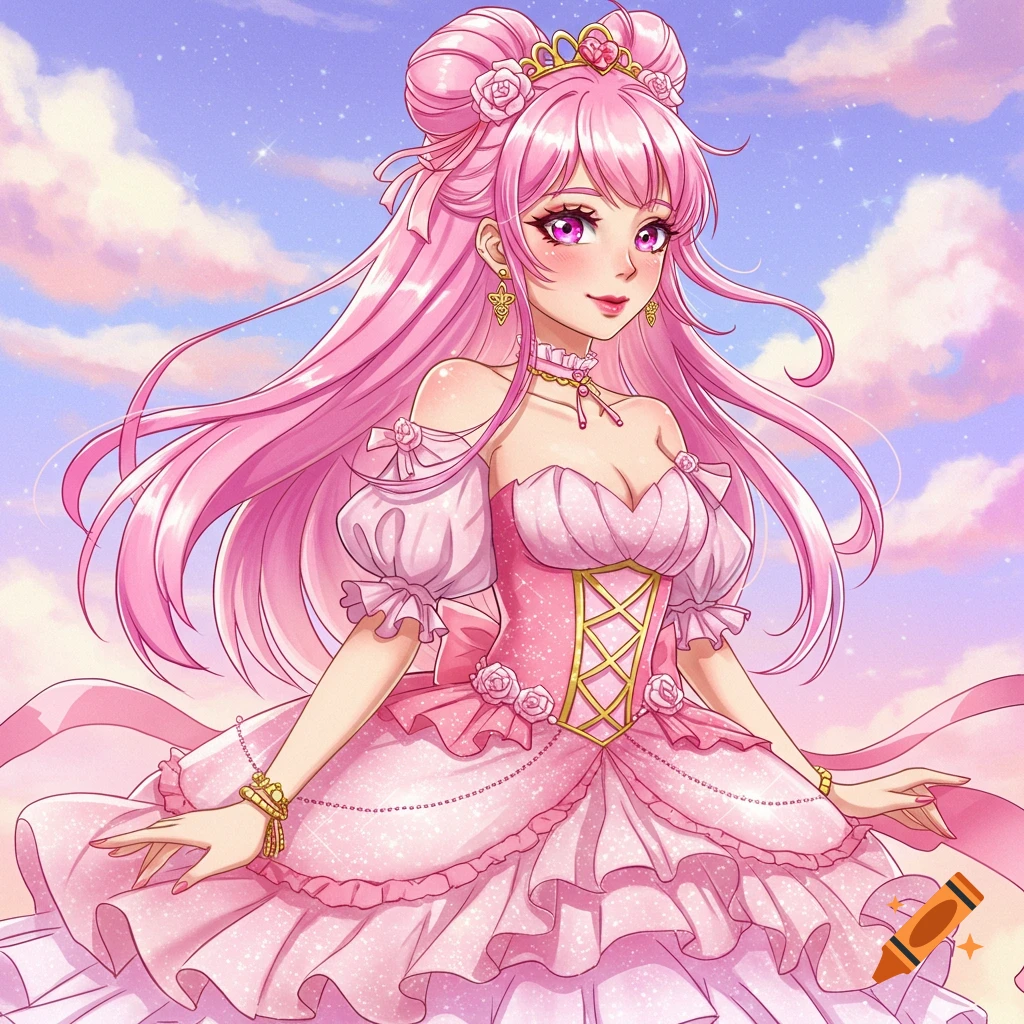 Anime girl with pink hair and pink princess dress against a cloudy sky ...