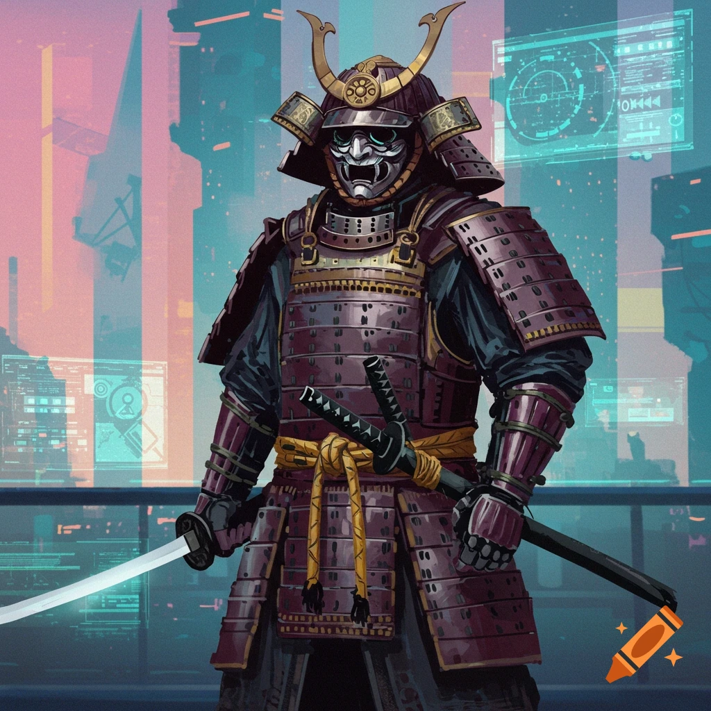 Red futuristic samurai holding red katanas in a cyberpunk city on Craiyon