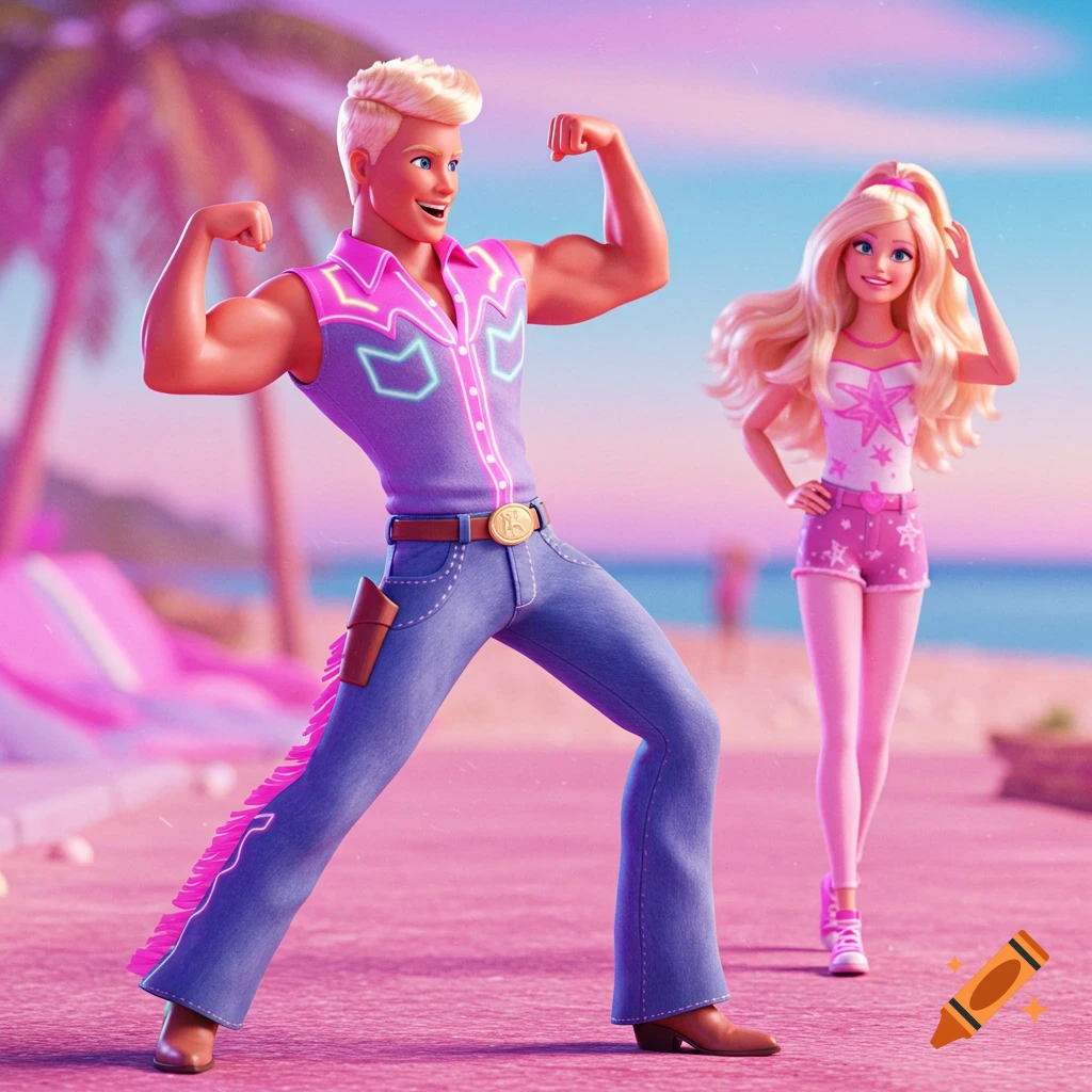 Ken flexing, Barbie ignoring him, based on 2023 Barbie film on Craiyon