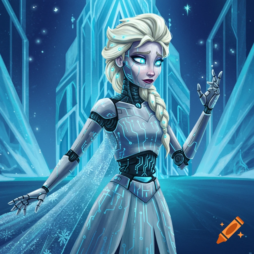 A robot version of Elsa from Frozen stands before an ice castle. on Craiyon