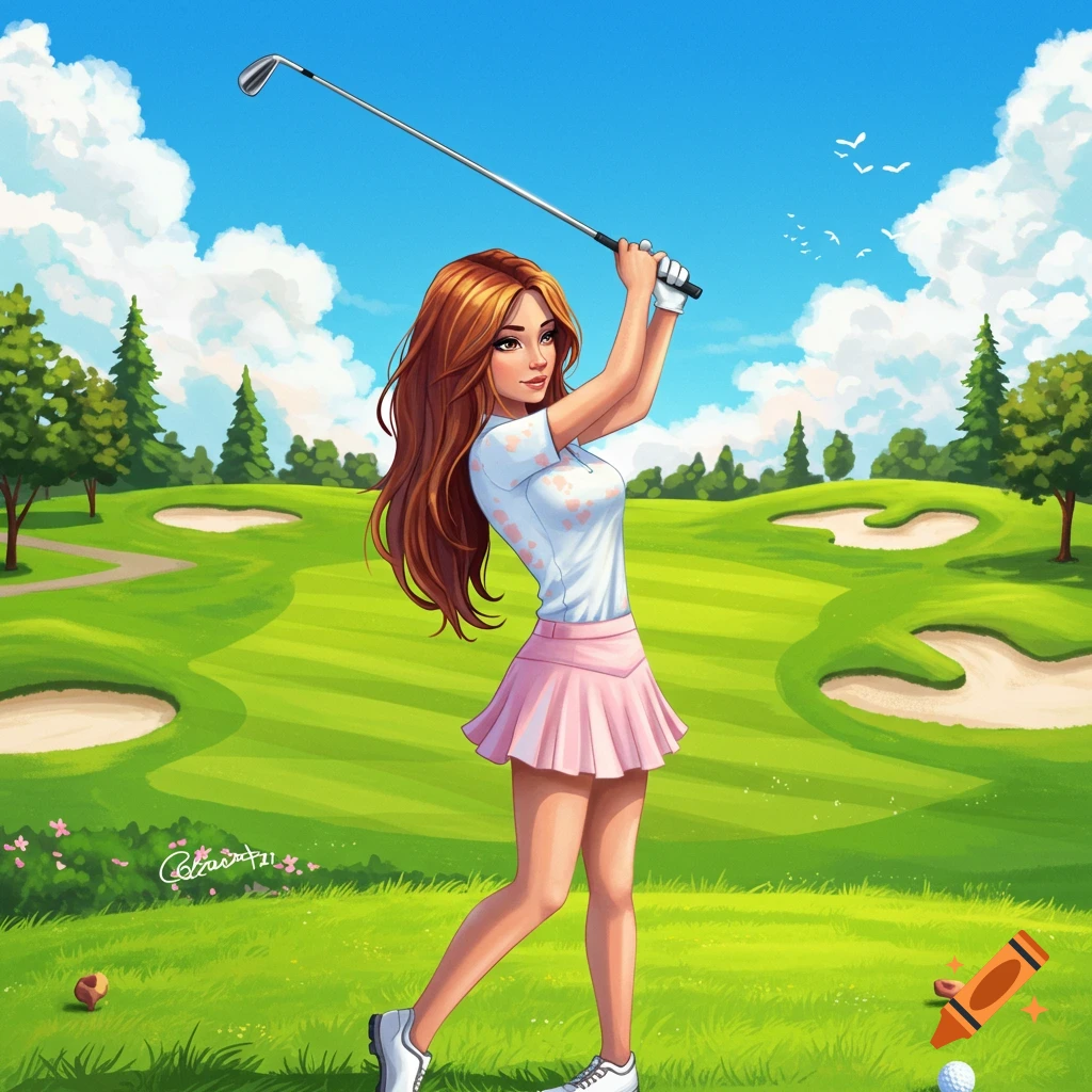 A pretty girl in a pink skirt swinging a golf club on a golf course. on ...