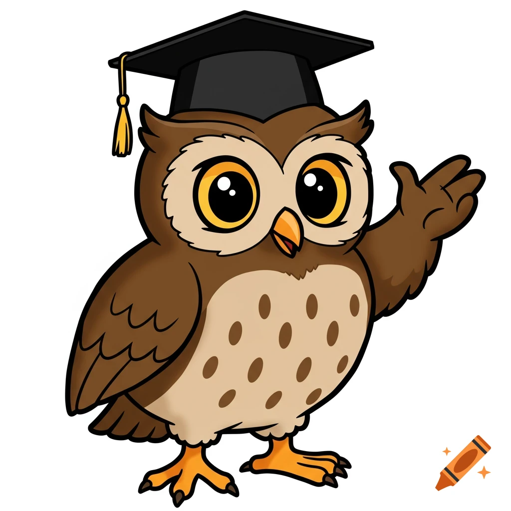 Cartoon owl mascot with graduation cap on Craiyon