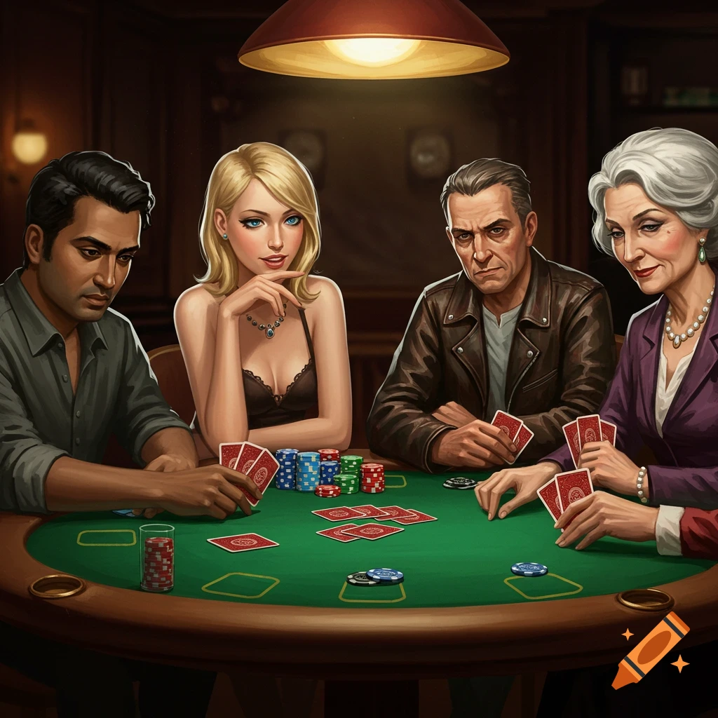 Four people playing poker at a green table. on Craiyon