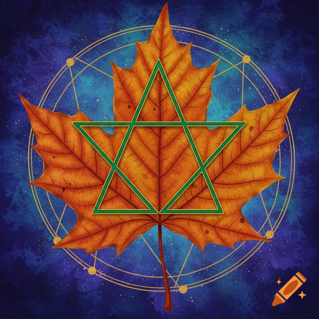 A black stylized symbol on an orange autumn maple leaf against a ...