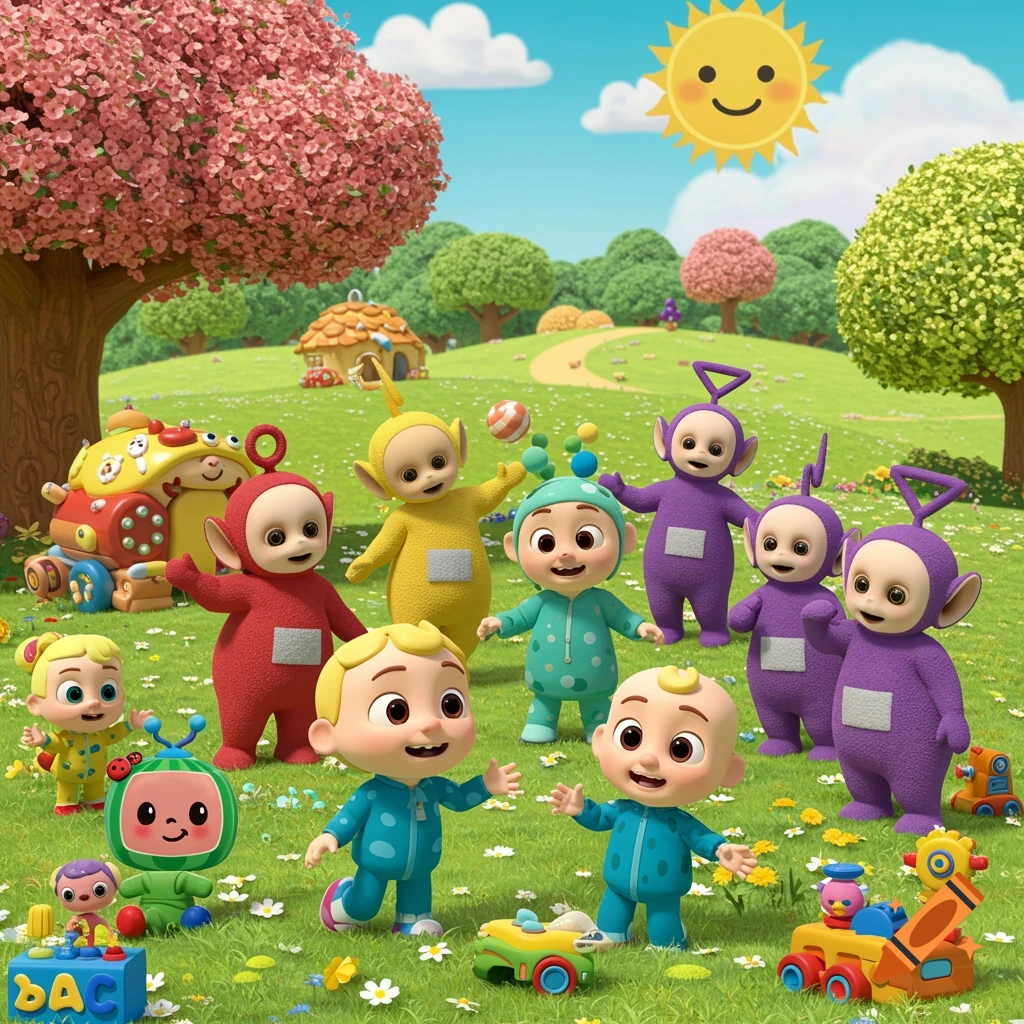 A vibrant illustration shows CoComelon and Teletubbies characters playing together in a sunny ...