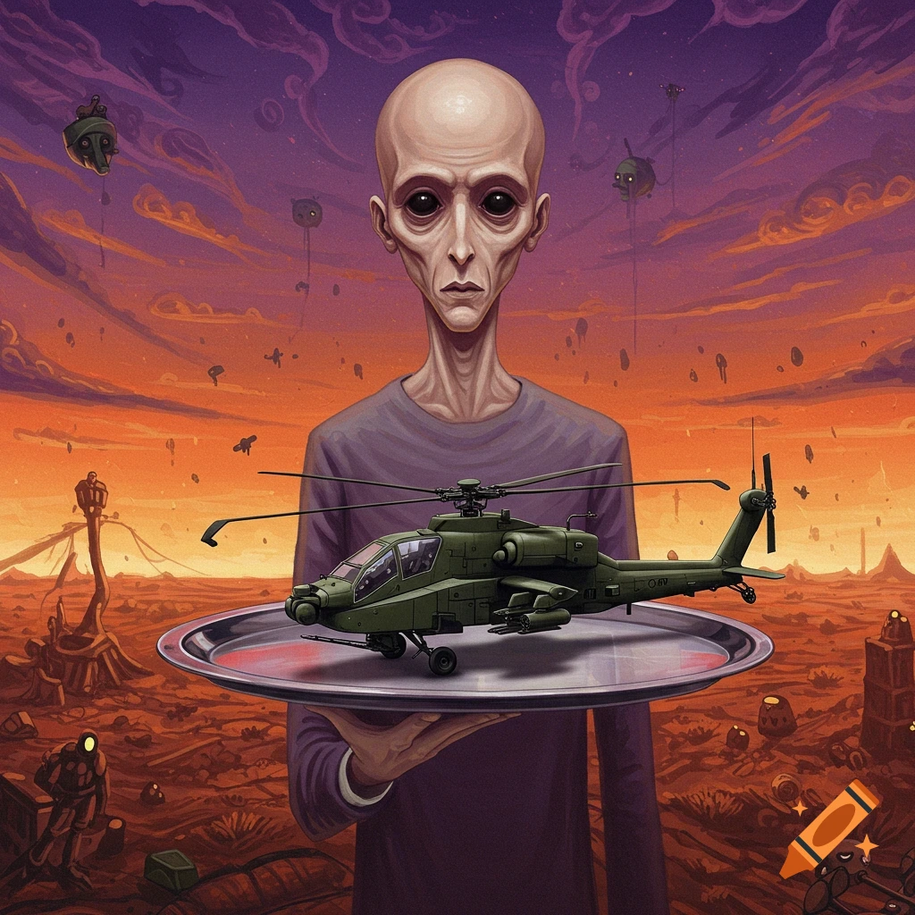 SCP-662, Mr.Deeds holding platter with a Boeing Apache helicopter on ...
