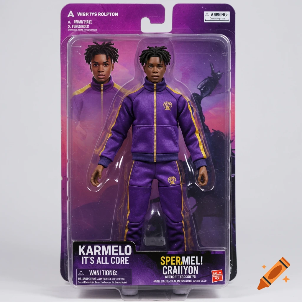Hyper-realistic action figure of a man in a purple tracksuit in packaging. on Craiyon