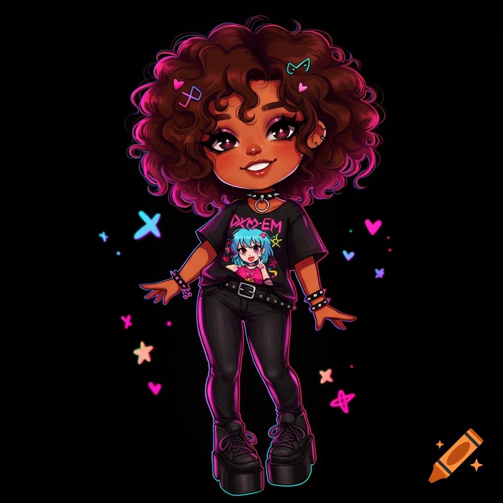 Cute anime girl with tan skin, short brown curly hair, and emo clothes ...