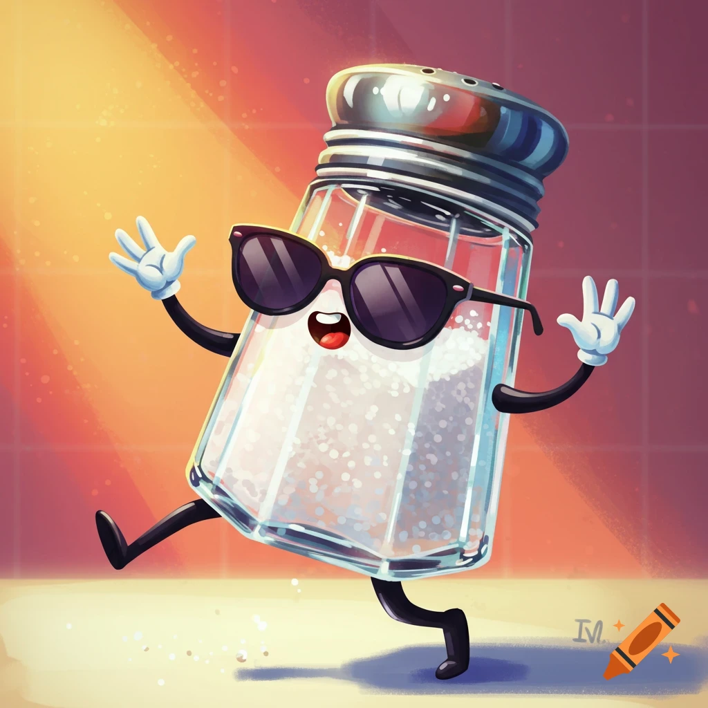 A personified salt shaker with arms, legs, and sunglasses happily ...