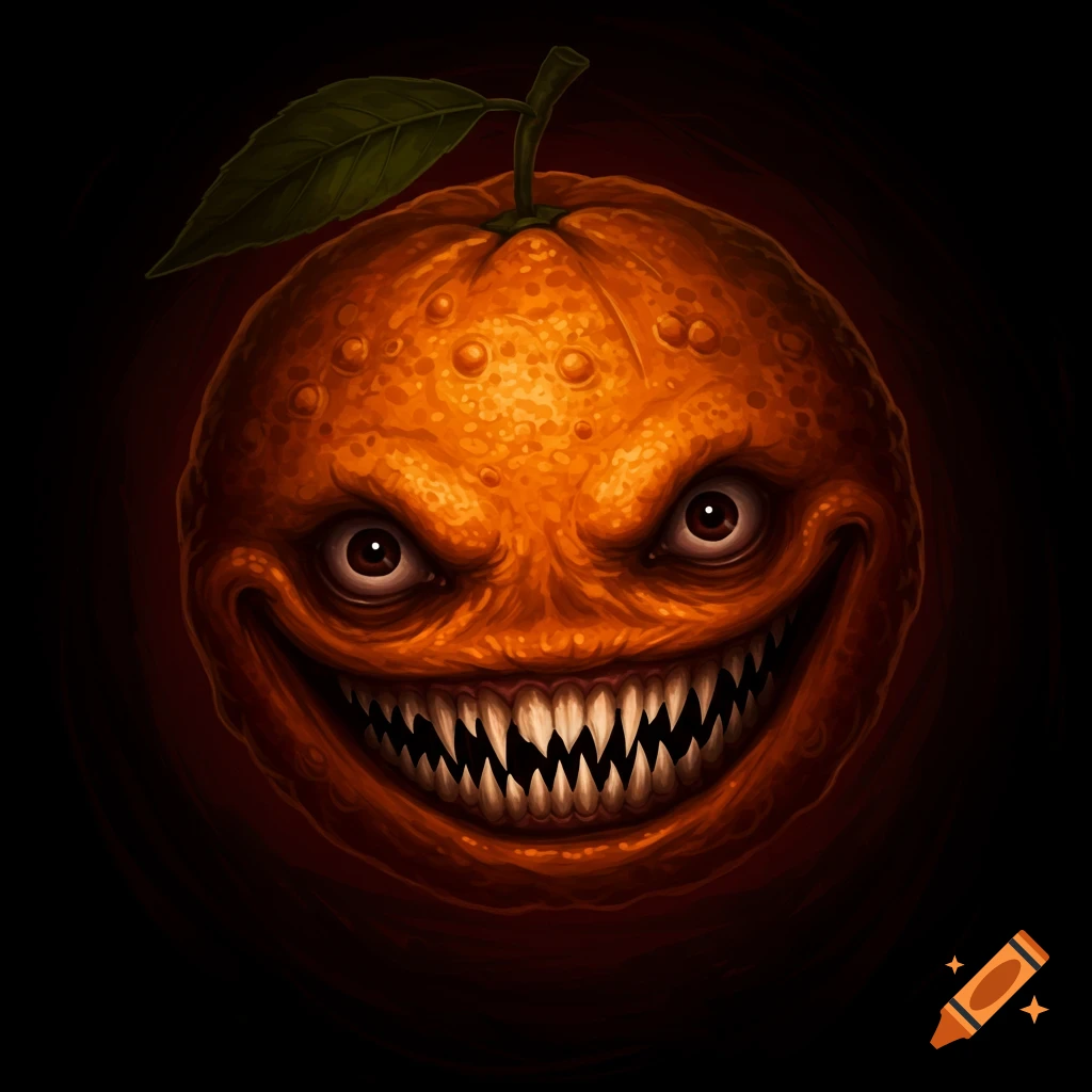 An orange with a creepy, evil face, sharp teeth, and exaggerated smile against a black ...