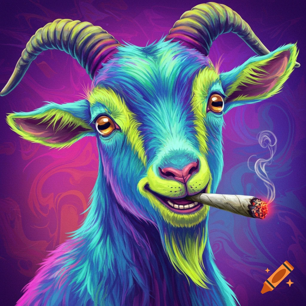 Colorful psychedelic image of a goat smoking a joint on Craiyon