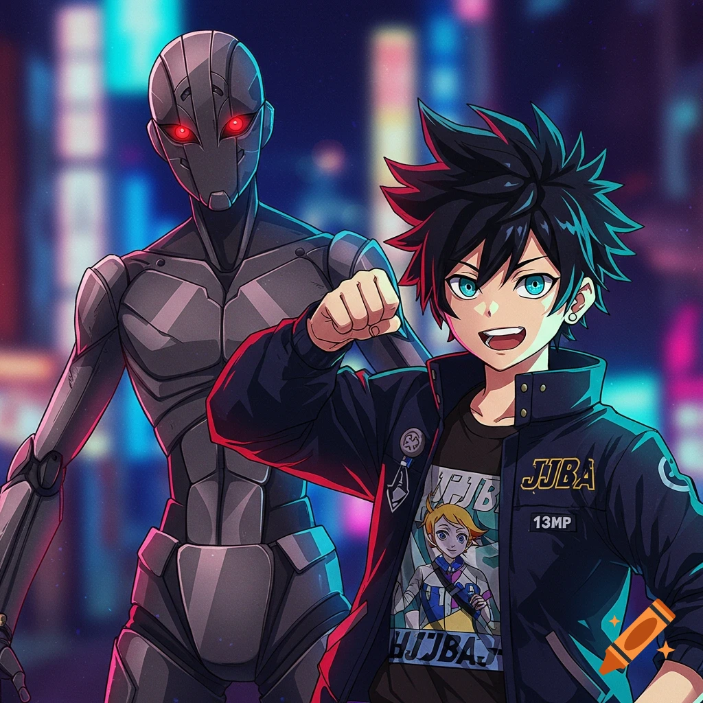 Anime style character with a robot stand posing in a city street at ...