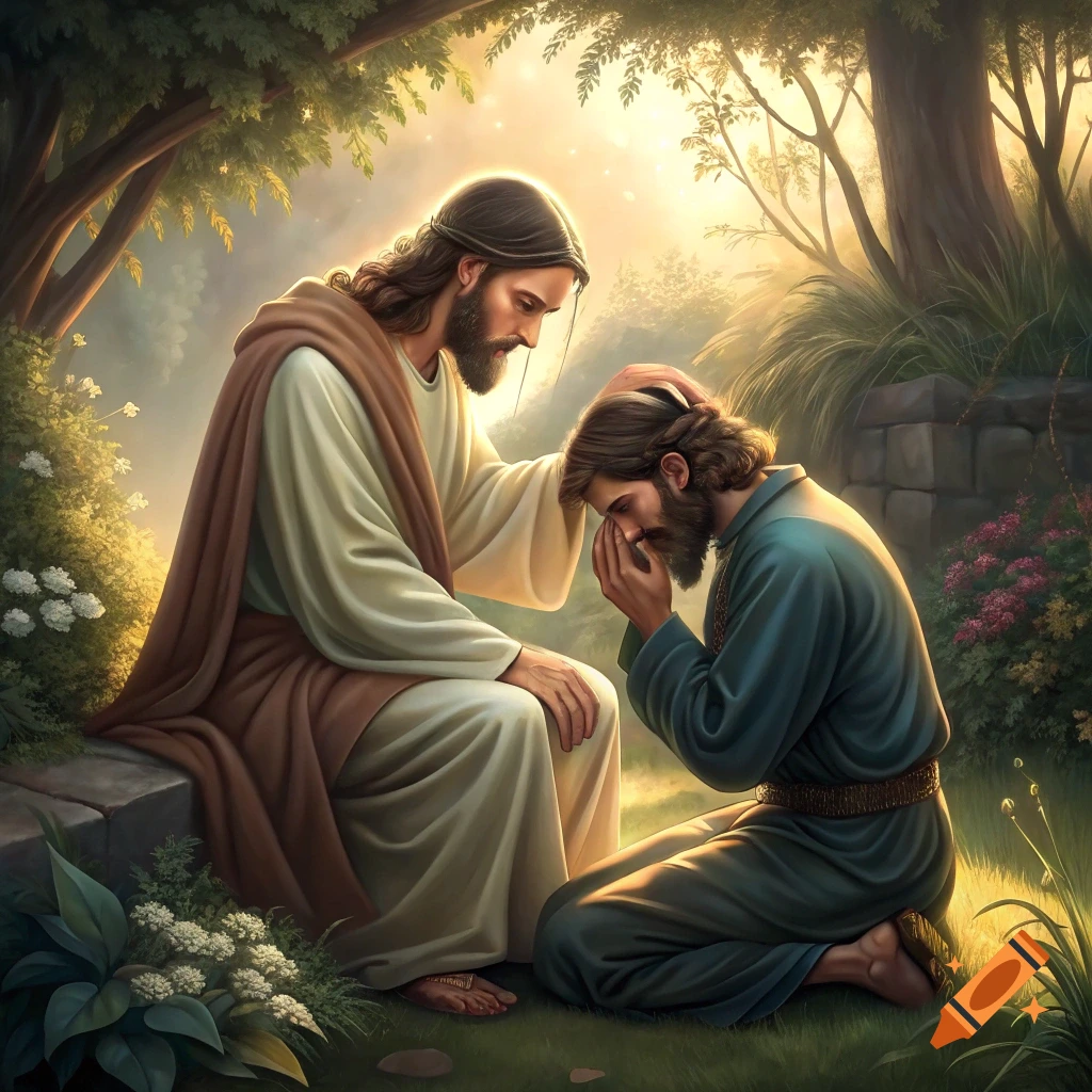 Jesus comforts a kneeling man in a garden, spiritual illustration. on ...