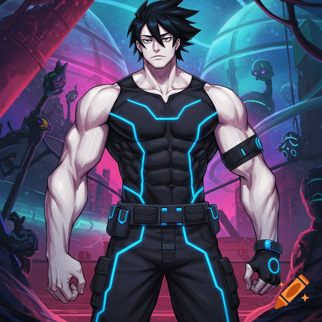 Anime man with split black and white clothes and glowing purple energy ...