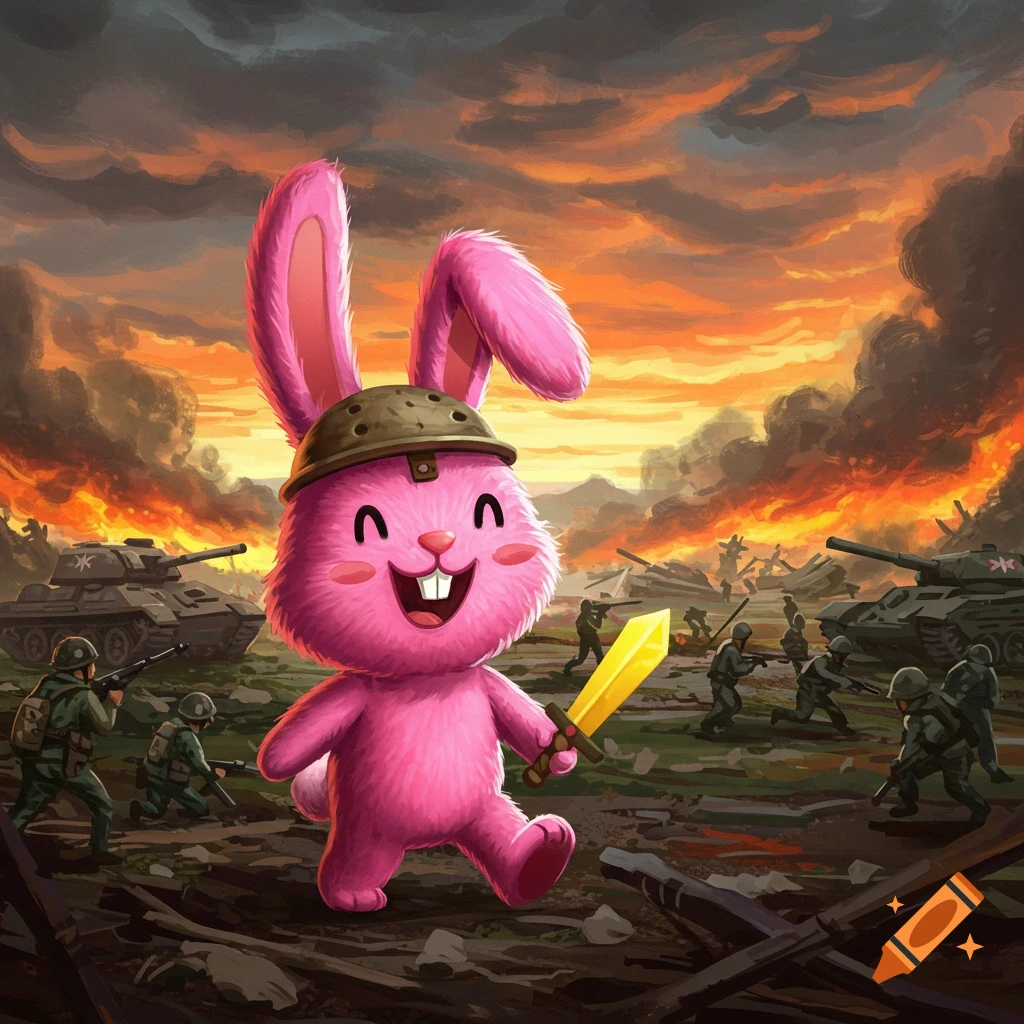 Pink cartoon bunny with helmet and golden sword in a battlefield with ...