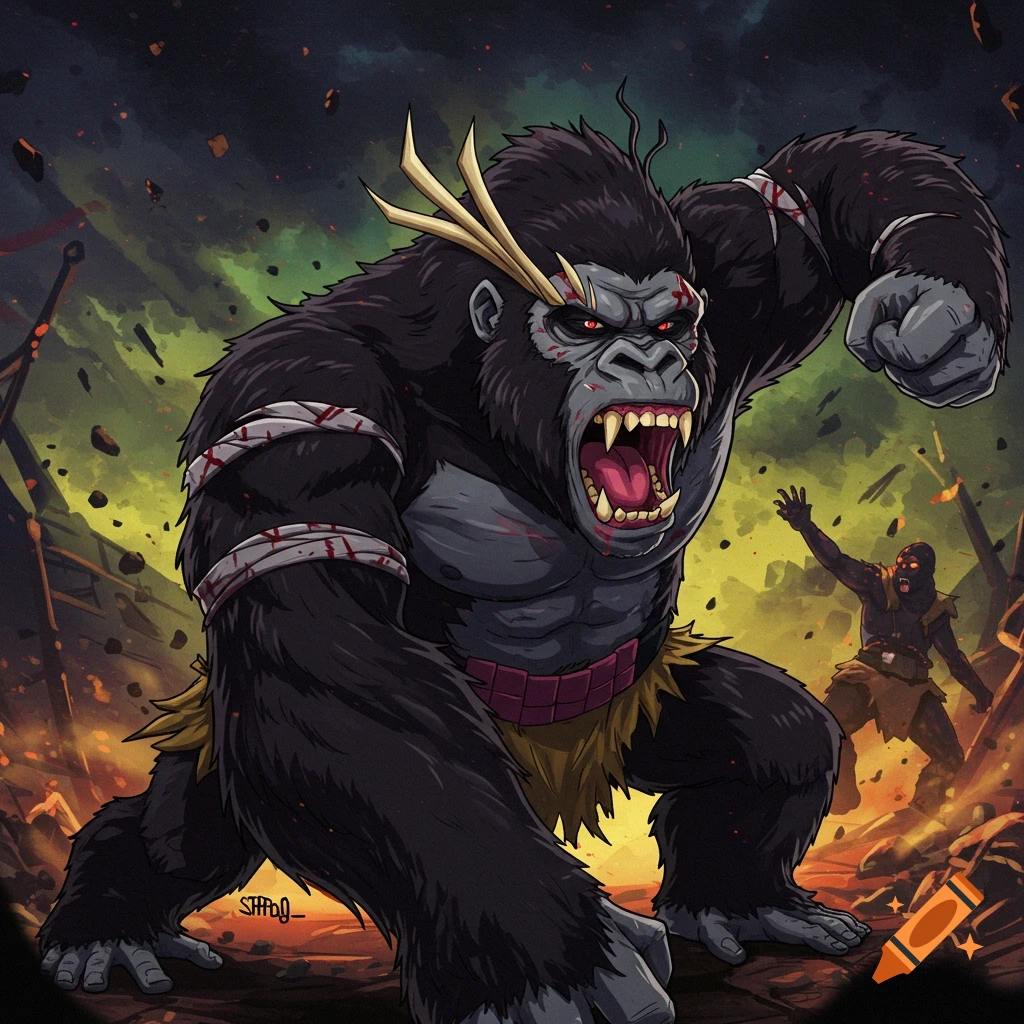 A gorilla is wrestling a man in a ring. on Craiyon