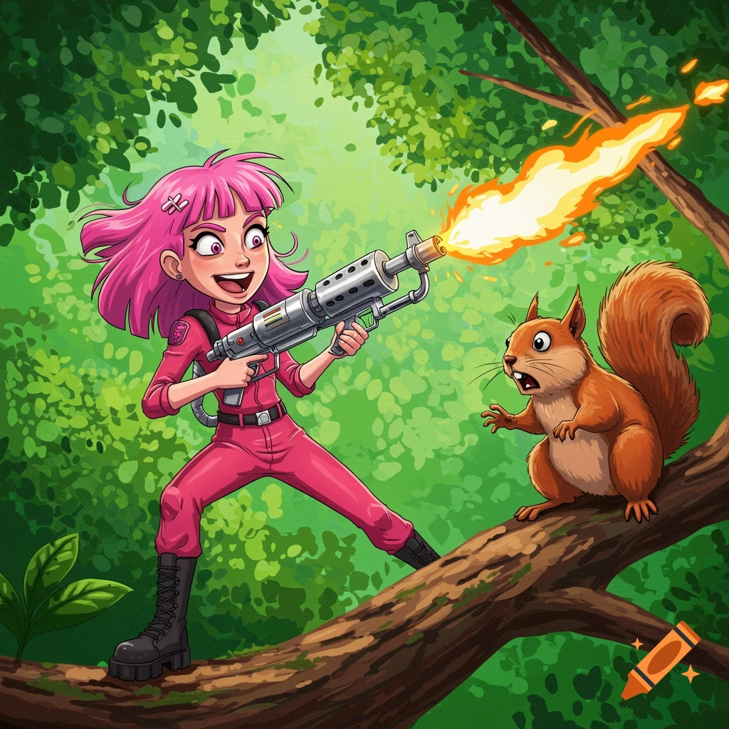 Anime character in bikini runs from scary teddy bears in a forest ...