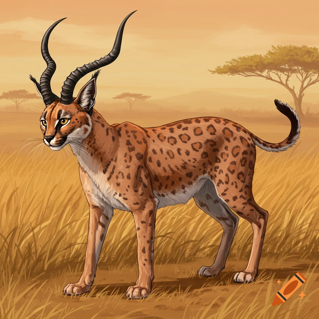 Two lionesses look at an antelope in a savanna landscape painting. on ...