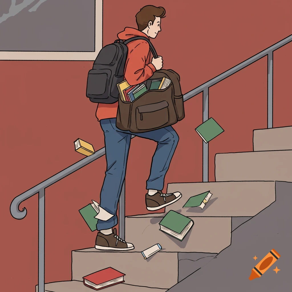 An illustration of a student dropping books while walking up stairs. on ...