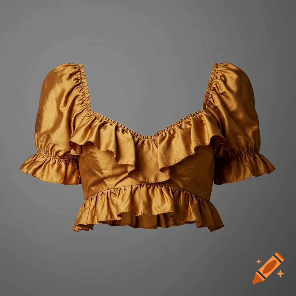 A gold ruffled crop top with puff sleeves. on Craiyon