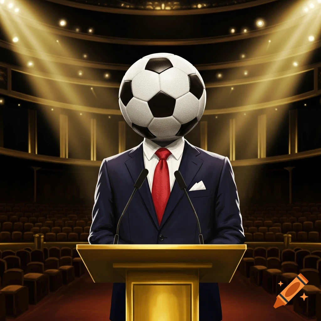 A person in a suit with a soccer ball head stands at a podium in an ...