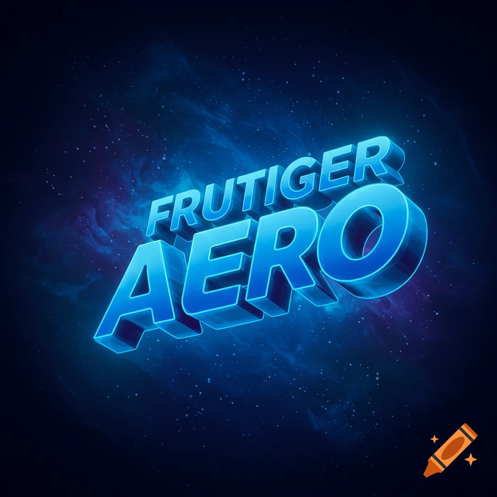 Graphic poster with 3D orange and blue text spelling "FRUTIGER AERO ...