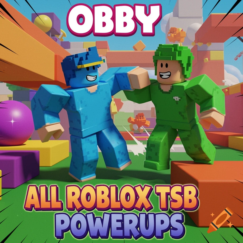 Roblox noobs fighting with text 'Obby All Roblox TSB Powerups' on Craiyon