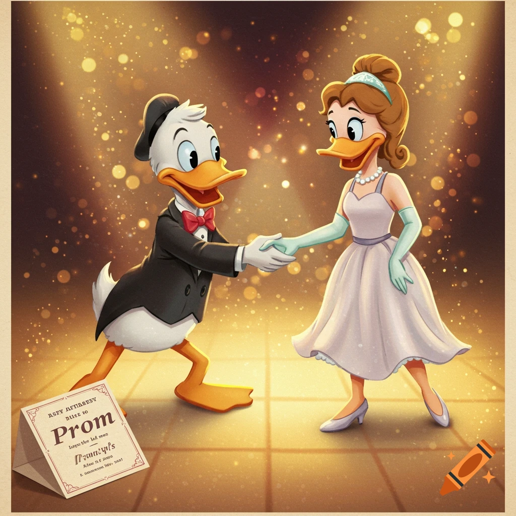 Cartoon ducks in formal wear dancing on a sparkly floor. on Craiyon