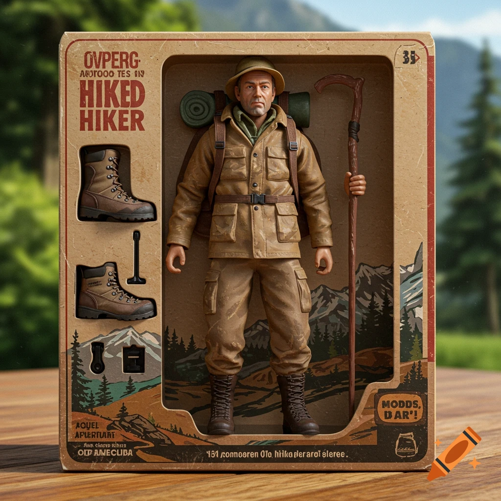 A packaged hiker action figure with gear. on Craiyon