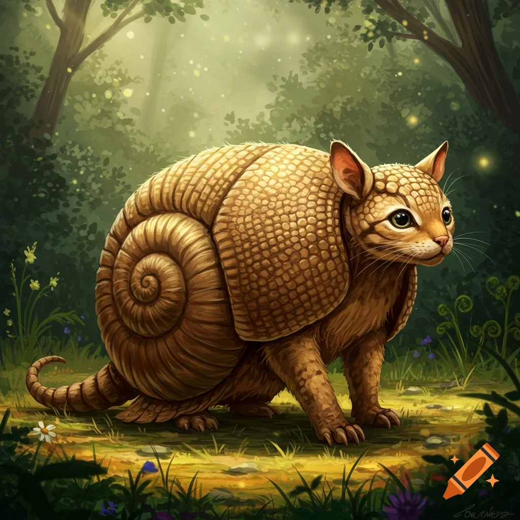 A fantasy creature, part cat, part armadillo with a spiral shell, walks in a lush forest. on Craiyon