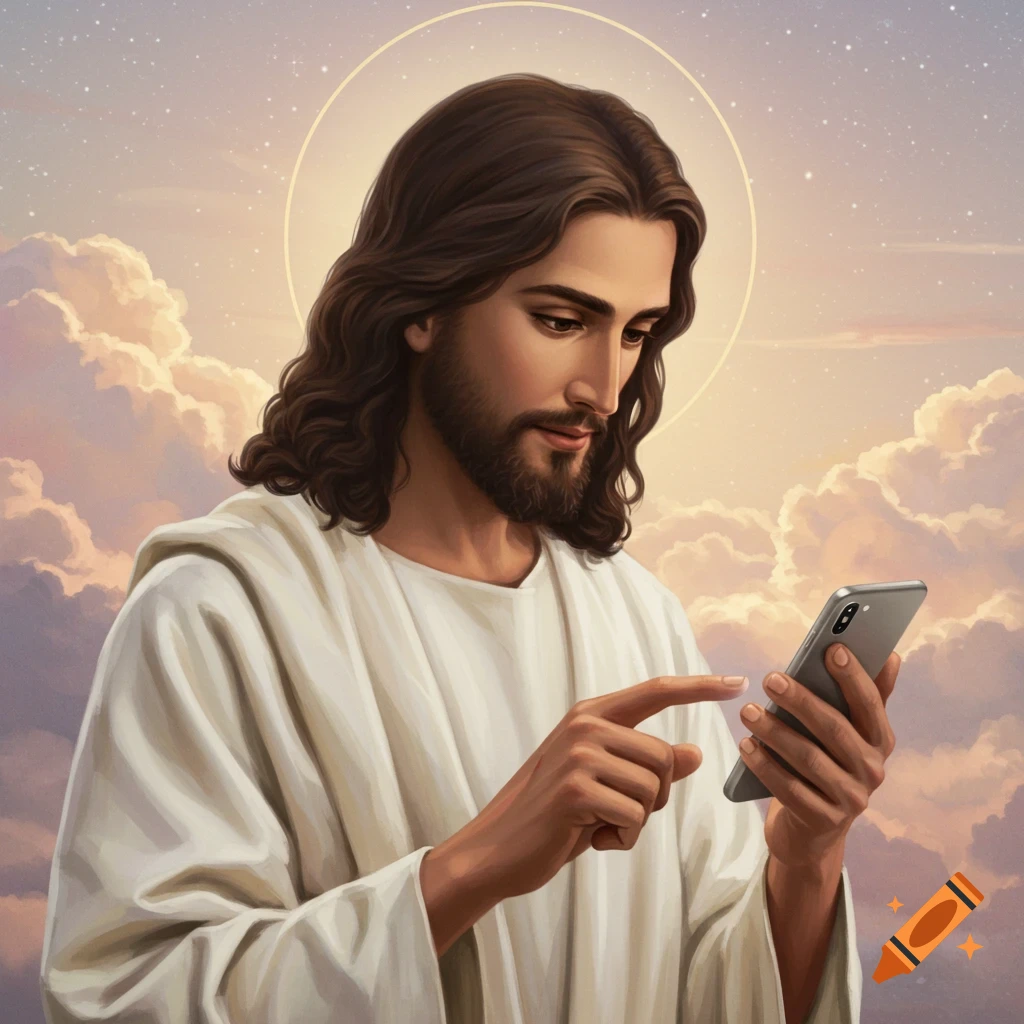 Jesus Christ looking at and touching a smartphone screen in the sky. on Craiyon