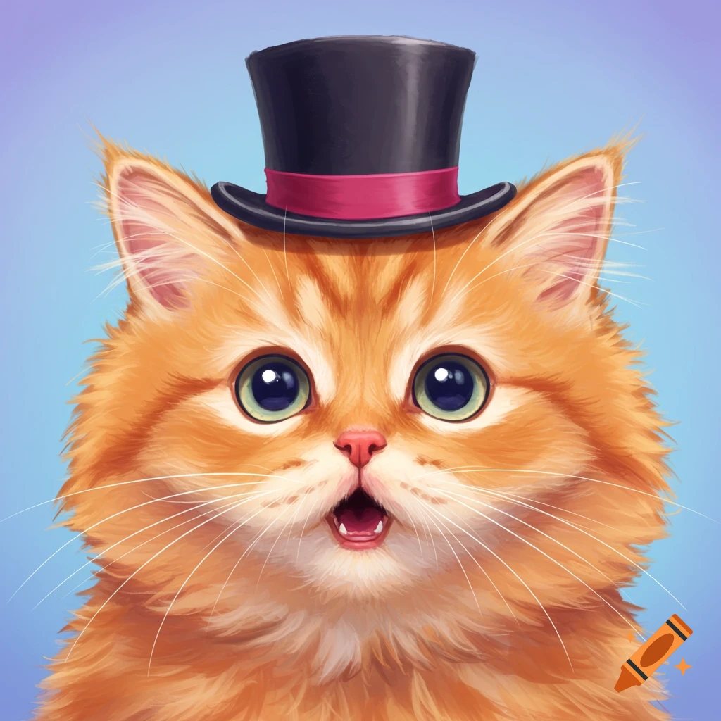 A cute orange cat wearing a black top hat with a pink band. on Craiyon