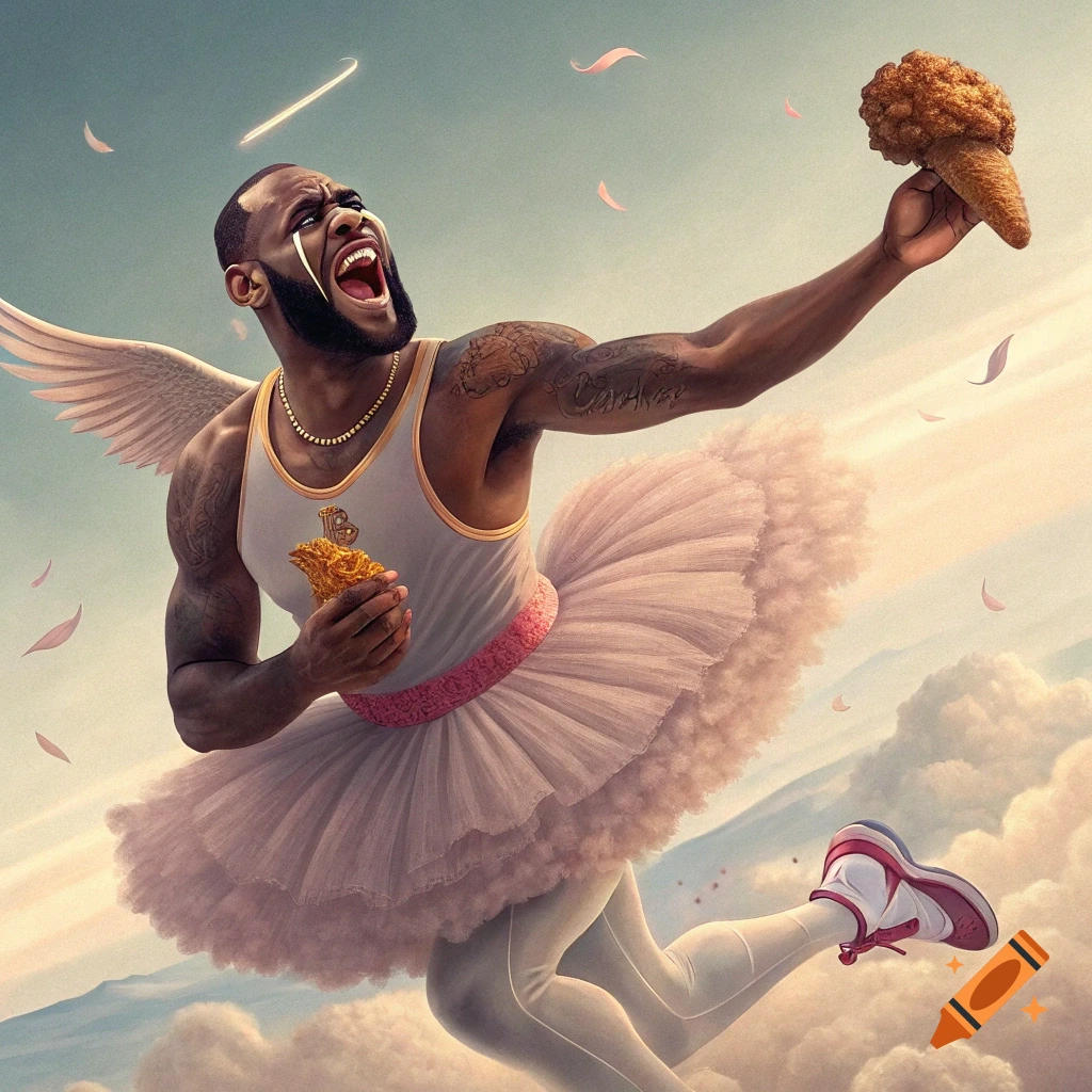 LeBron James with makeup crying, flying in a tutu with fried chicken on Craiyon