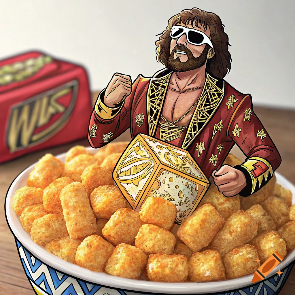 Cartoon of Macho Man Randy Savage standing in a bowl of tater tots ...