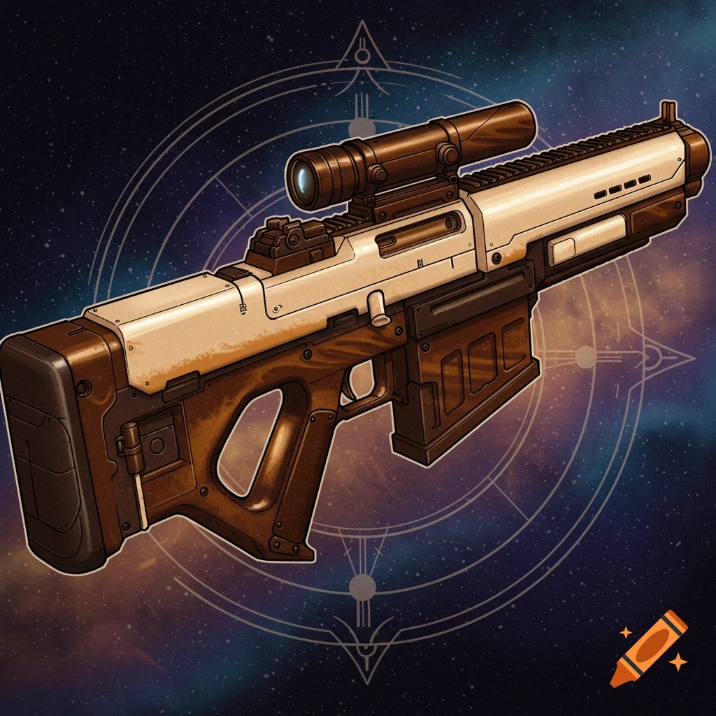 A futuristic rifle with wood and white parts against a space background ...