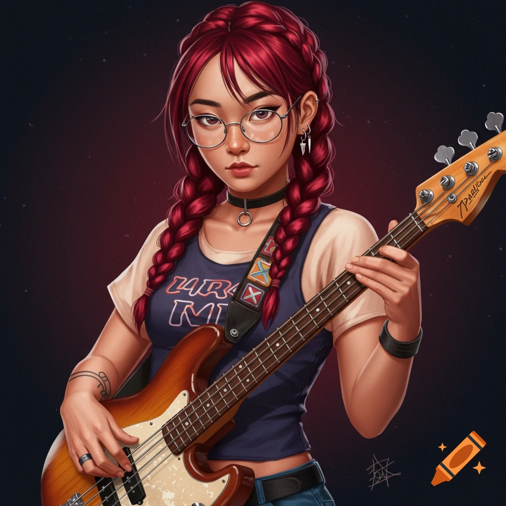 A young woman with red braided hair and glasses is playing a bass ...