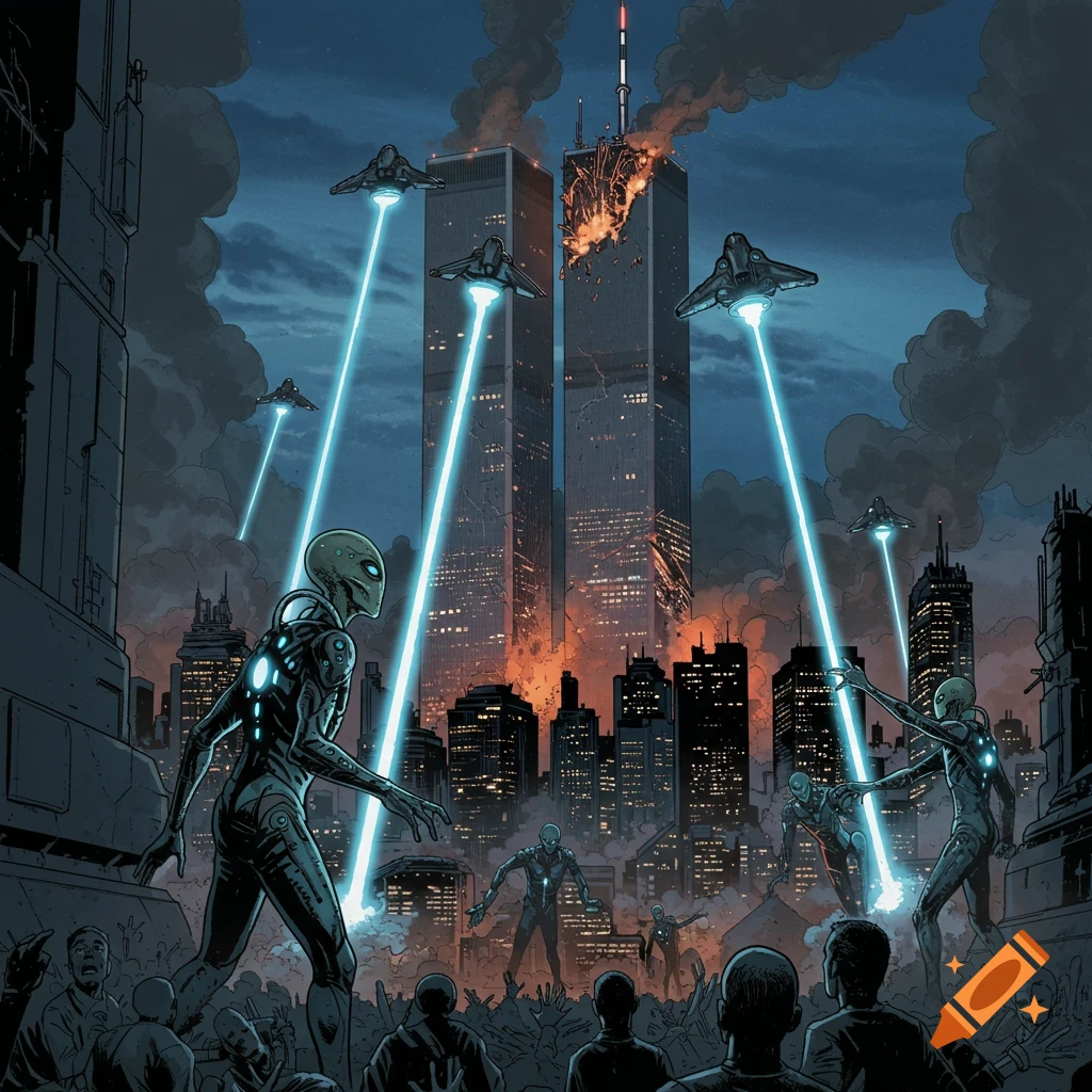 Aliens and ships attacking skyscrapers resembling the World Trade ...