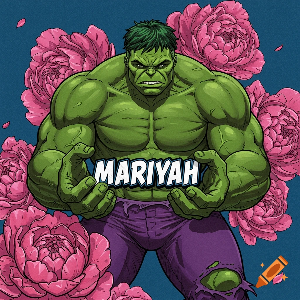Hulk holding Mariyah name logo with pink flowers around him, wearing ...