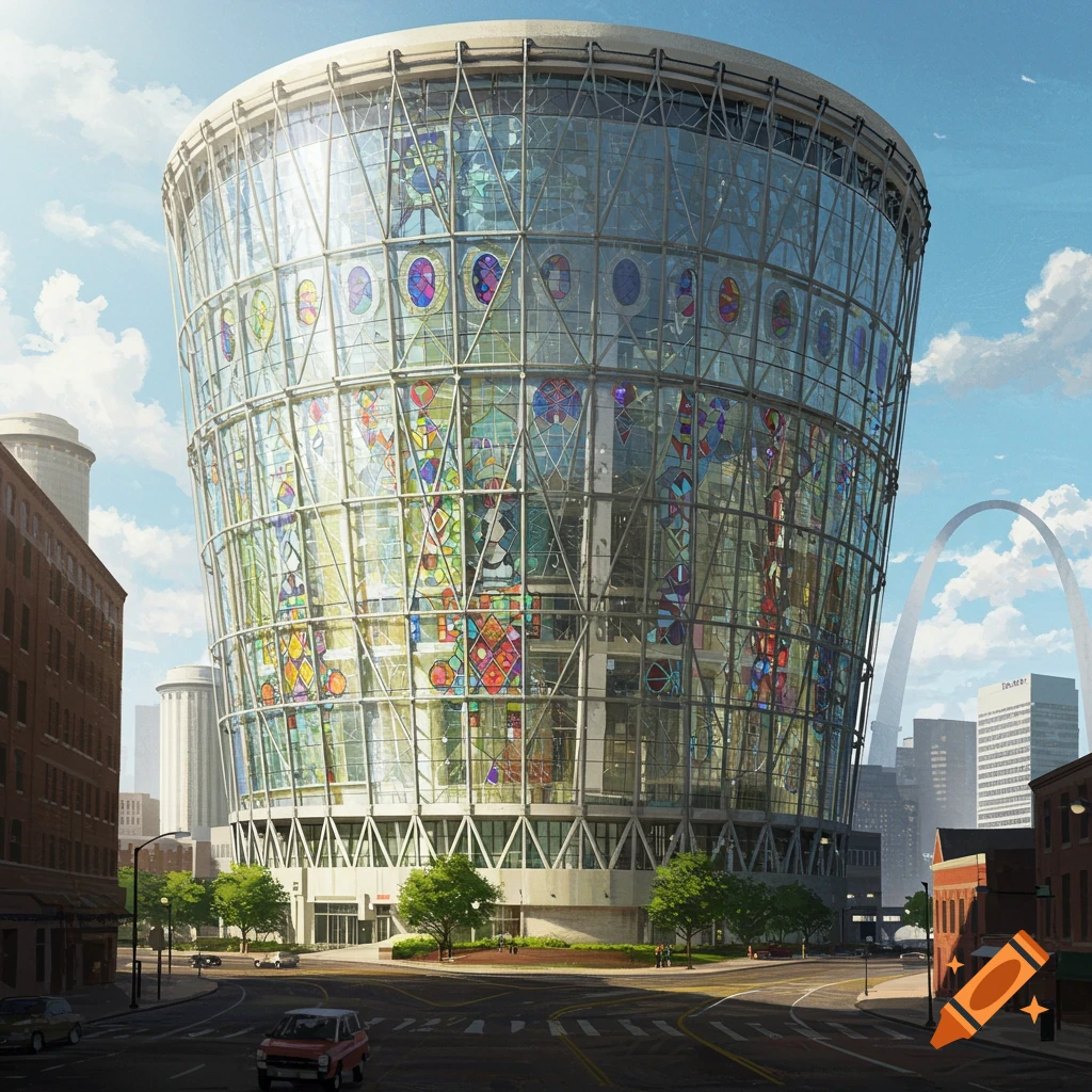 Glass djembe drum building in St. Louis, Missouri on Craiyon