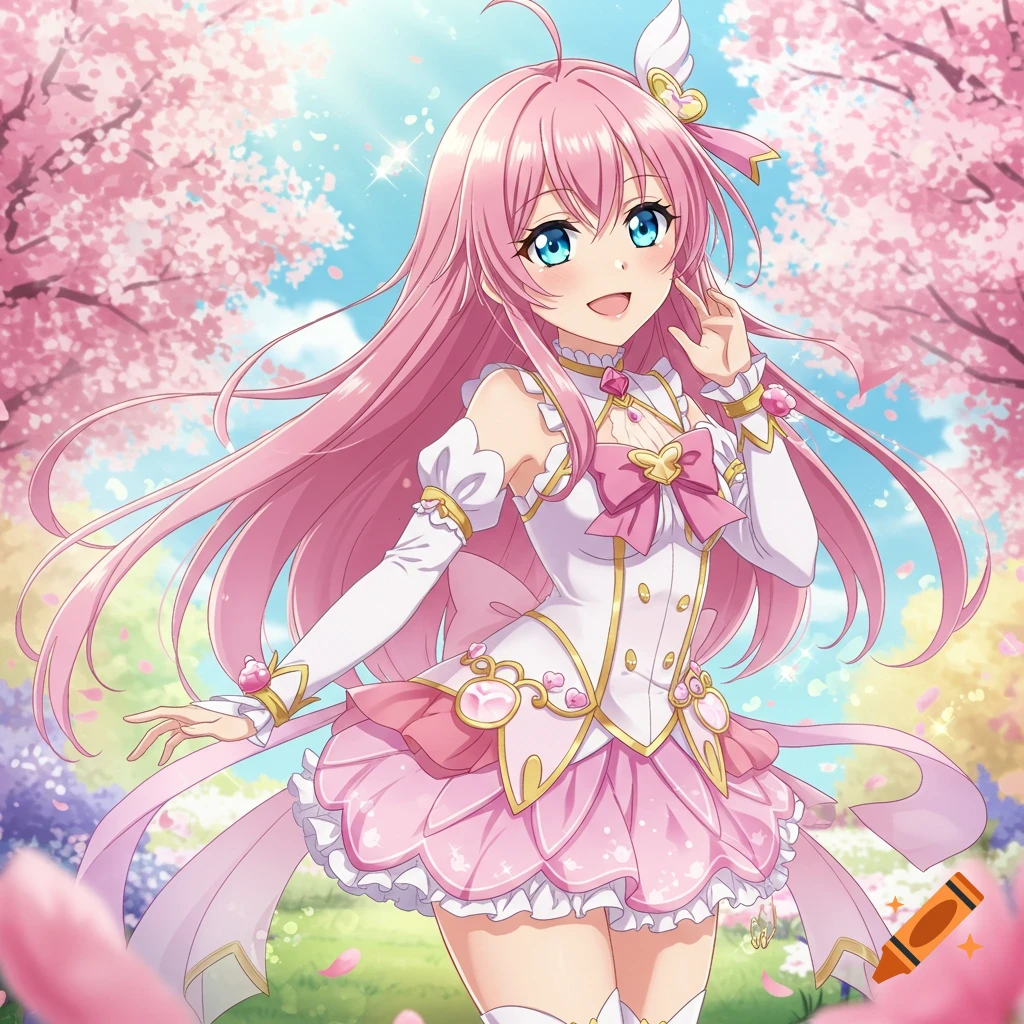 An anime girl with pink hair and a pink dress stands among cherry ...