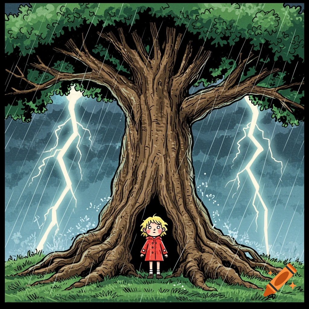 Comic illustration of a young girl sheltering under a large tree during ...